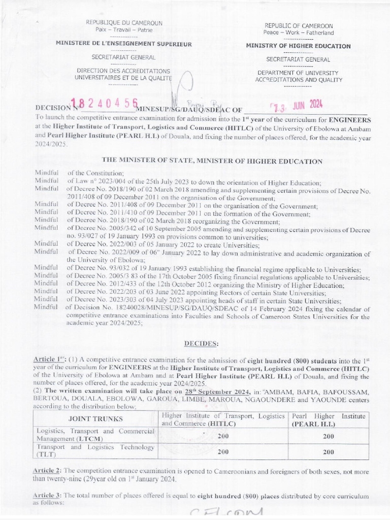 Concours ESTLC Ambam UEb 2024 1ere Annee Ingenieurs en | PDF