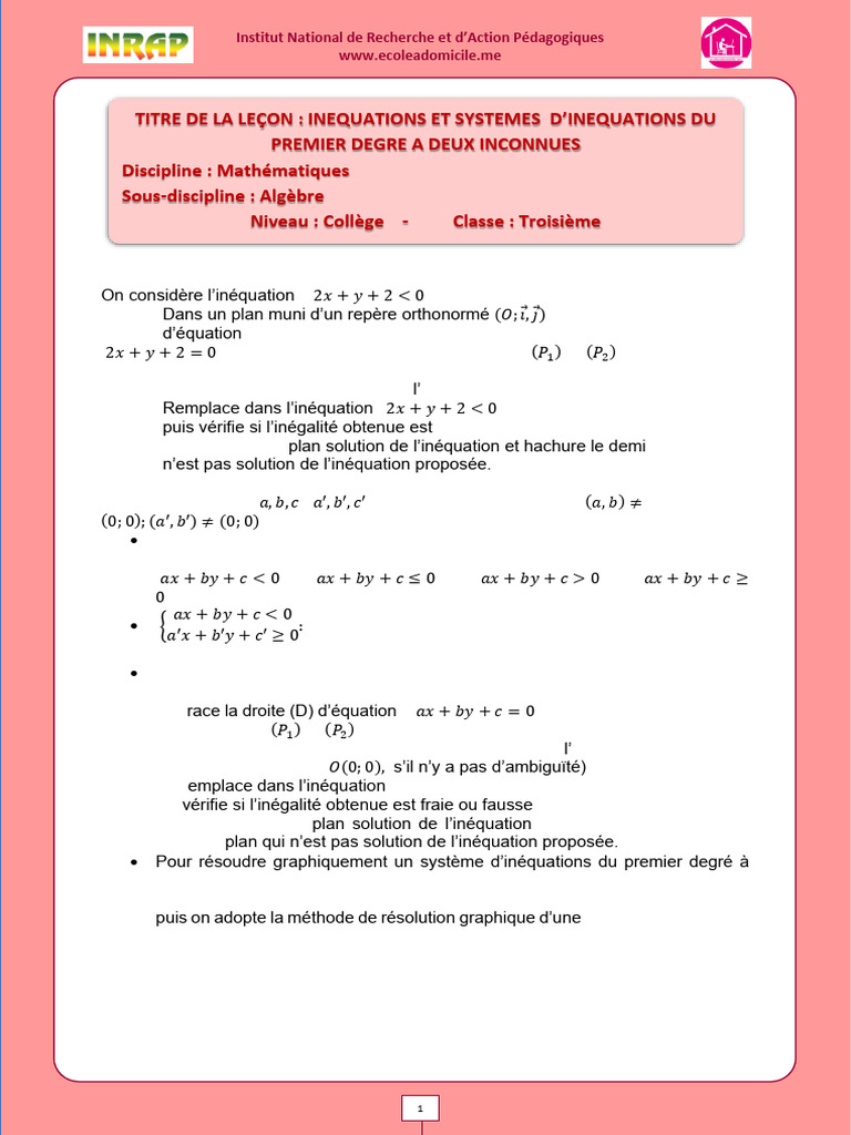 MATHS - 3me - INEQUATIONS ET SYSTEMES DINEQUATIONS DU PREMIER DEGRE A ...