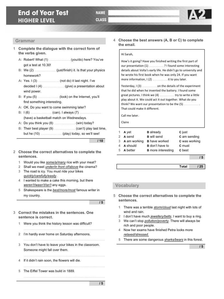 Microsoft Word - A2 End of Year Test Higher | PDF | Language Arts ...