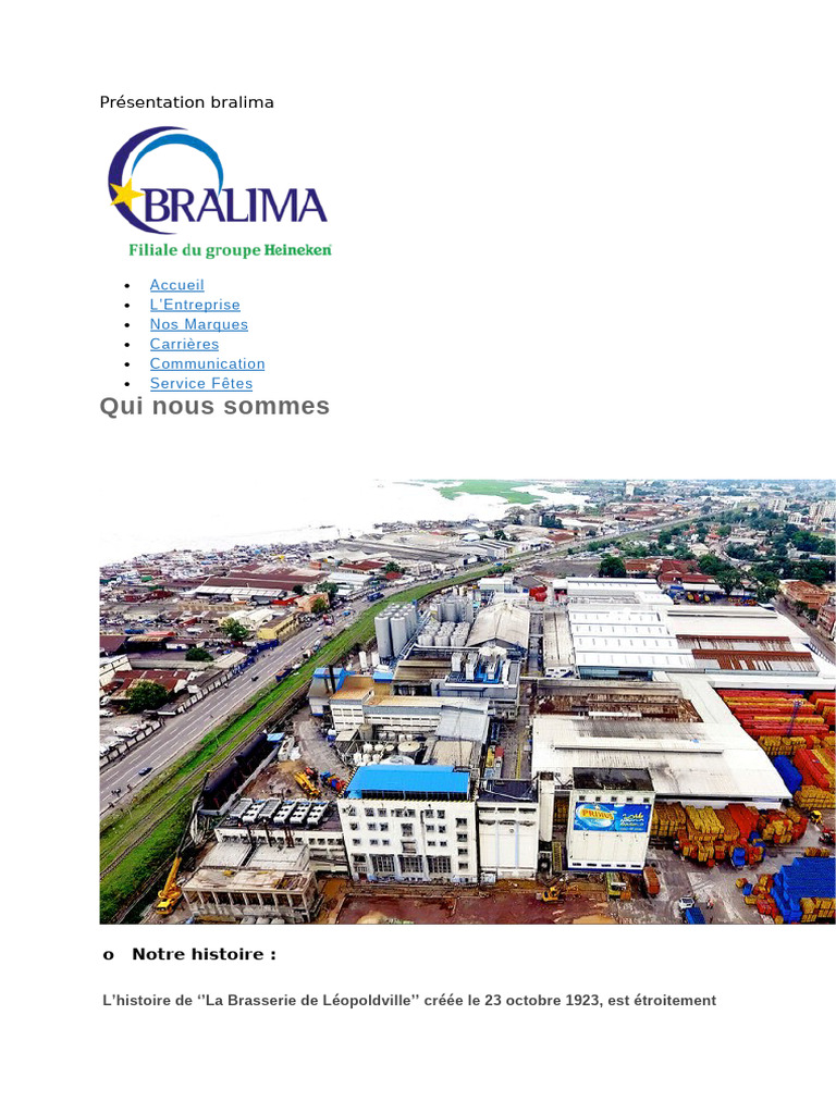 Qui Nous Sommes: Présentation Bralima | PDF