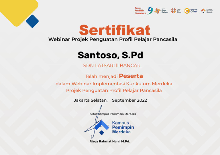 Santoso, S.PD Sertifikat Peserta P5 | PDF