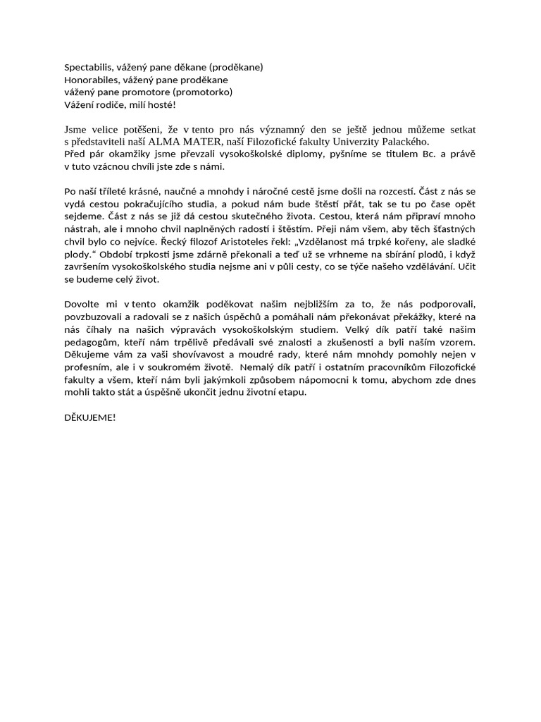 Slavnostní Řeč Studenta BC - Doc - Nová | PDF