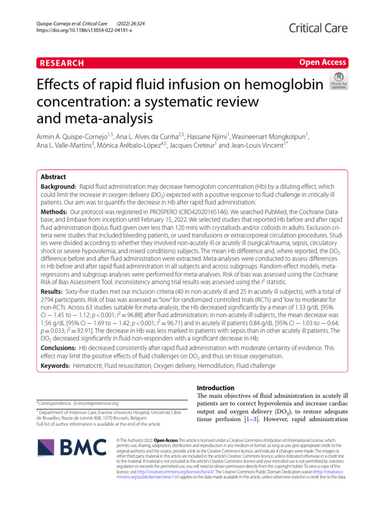 Effects of Rapid Fluid Infusion On Hemoglobin Concentration: A Systematic Review and Meta ...
