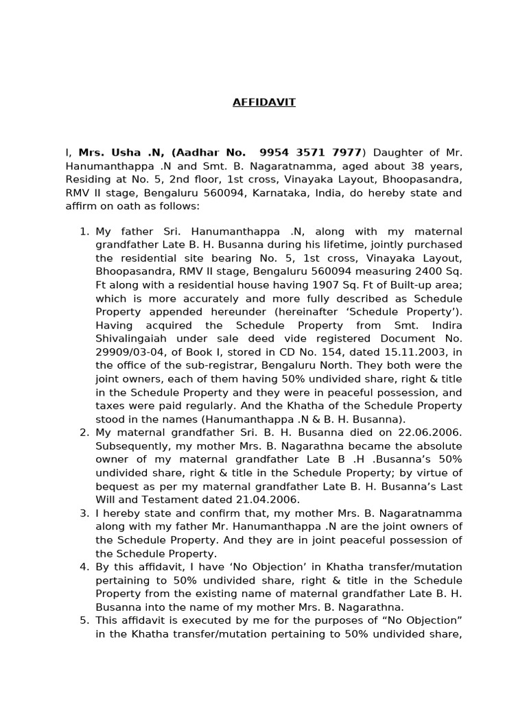 Usha NOC Khatha Affidavit | PDF