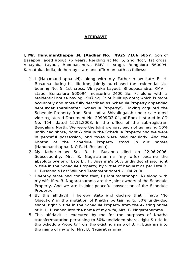 Hanumanthappa Khatha Affidavit | PDF