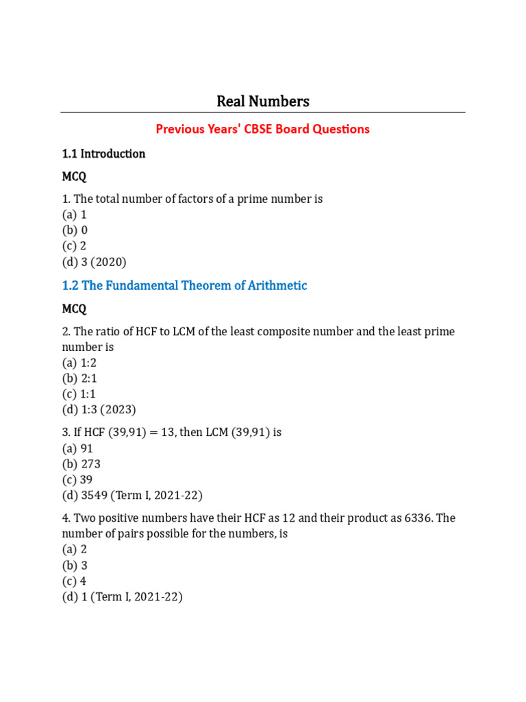 X CBSE Math Real Number Questions | PDF