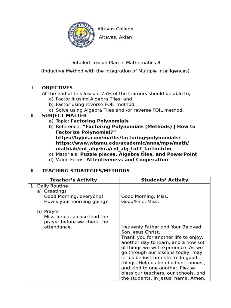 Lesson Plan Factoring | PDF | Factorization | Teaching Methods & Materials