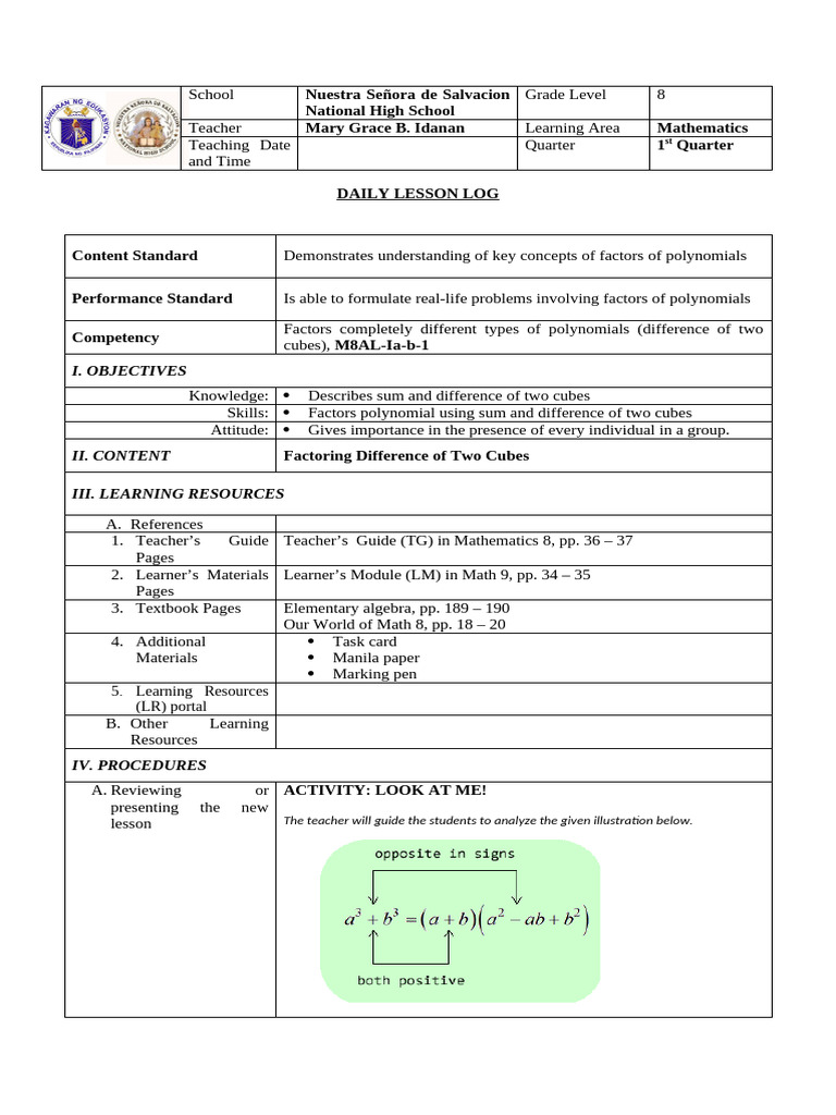 DLL Math 8 D3 | PDF