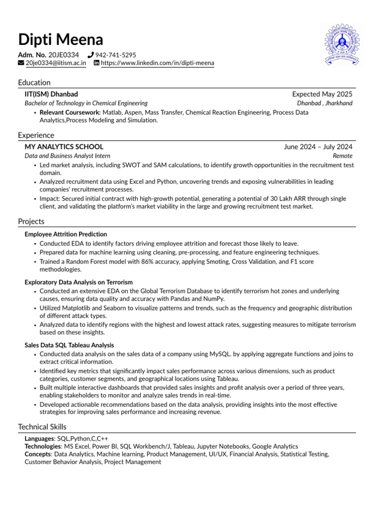 IIT Dhanbad Resume OnCampus 1 | PDF