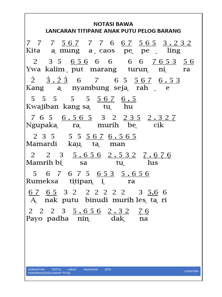 Notasi Dan Lirik Lancaran Titipane Anak Putu PL BR | PDF