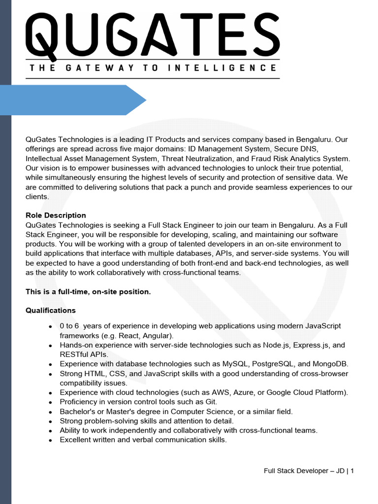 Full Stack Developer - JD (QuGates Technologies) | PDF