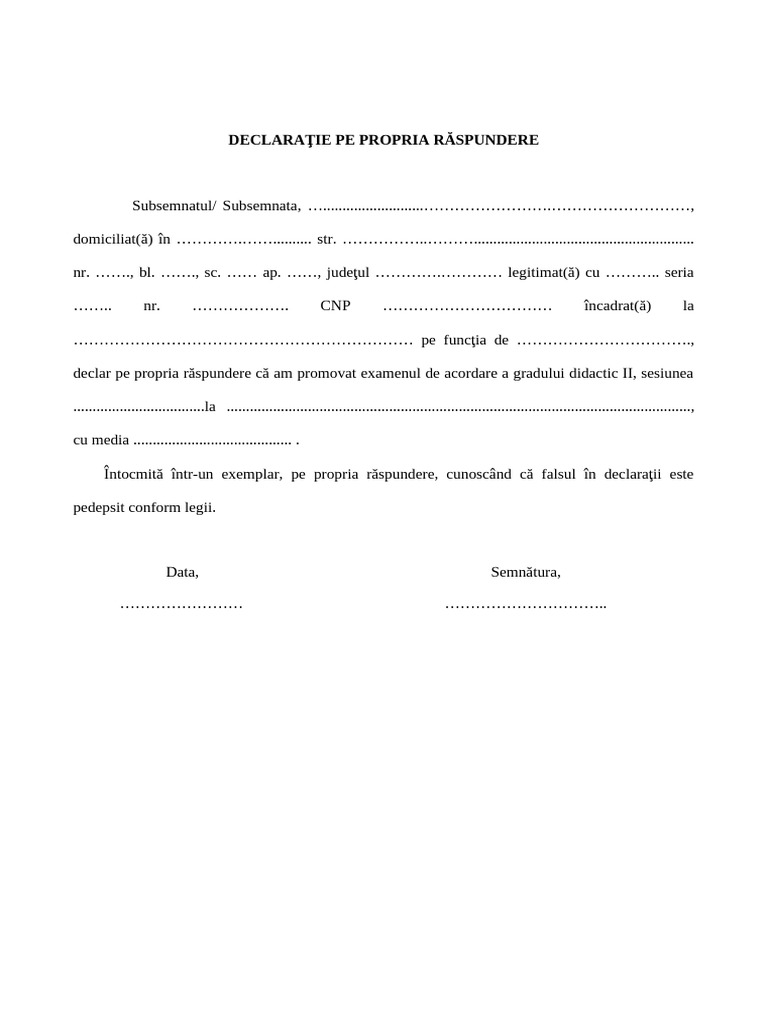 07 Model Declaratie Pe Propria Raspundere Cadre Didactice 0 | PDF