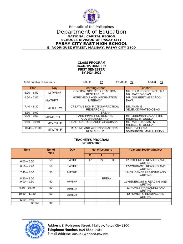 EASAMSONOfficial Class Teachers Prog2024 | PDF