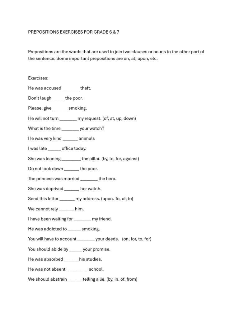Prepositions Exercises For Grade 6 & 7 | PDF | Language Arts & Discipline