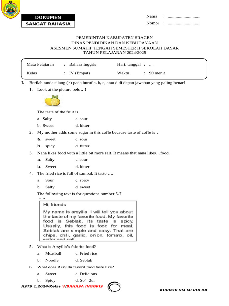 Soal UAS Bahasa Inggris Kelas 5 | PDF | Memasak, Makanan, & Anggur ...