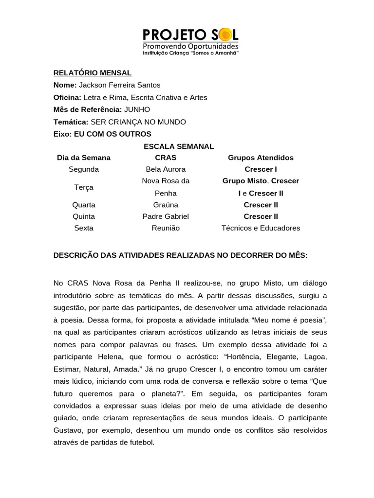 06 - Jackson Relatorio Junho SCFV | PDF