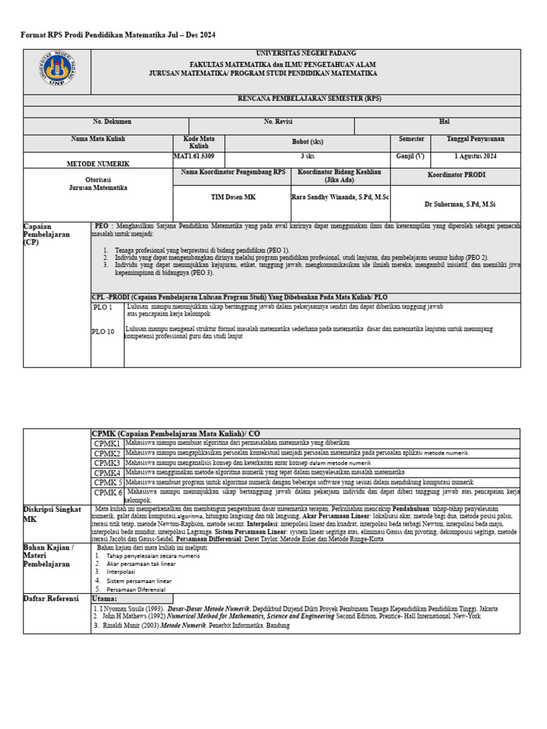 RPS Metnum J-D 2024 (Revisi 1 Agust 2024) | PDF