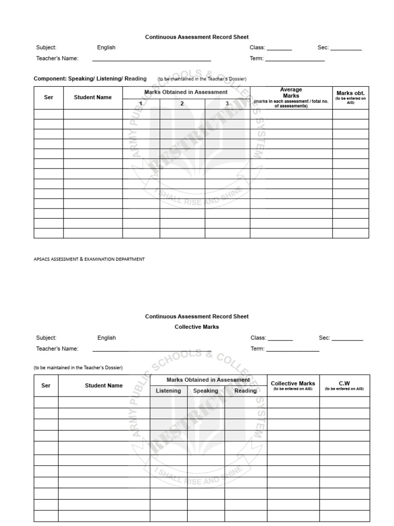 Continuous Assessment Record Sheet | PDF