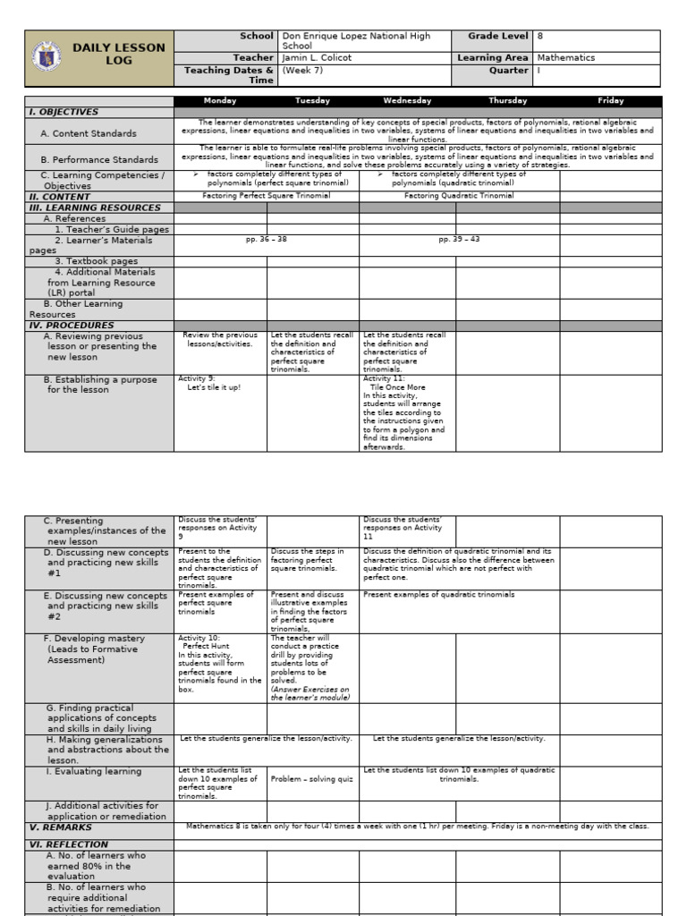 Sample Grade 8 DLL Q1W7 | PDF