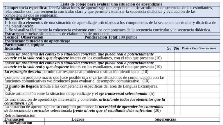 Lista de Cotejo para Evaluar Situaci N de Aprendizaje | PDF