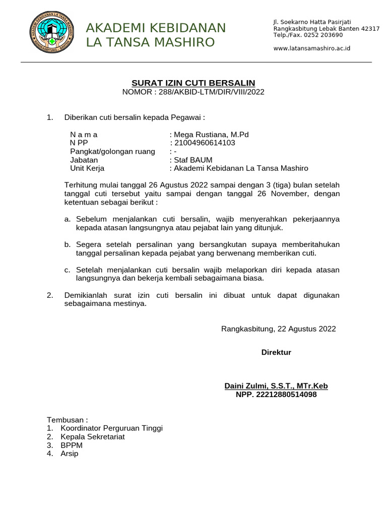 288 - Surat Izin Cuti Bersalin Mega Rustiana | PDF