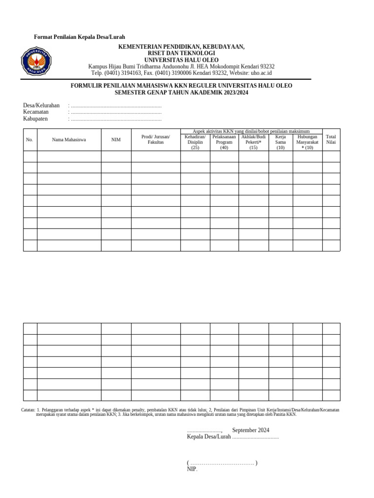 Format Penilaian Kepala Desa, Lurah (KKN Reguler Batch 2 Tahun 2024) | PDF