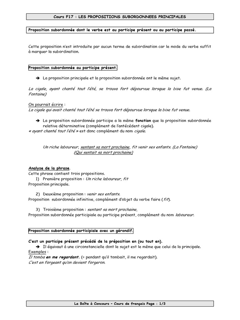 Cours F17 LES PROPOSITIONS SUBORDONNEES PRINCIPALES | PDF