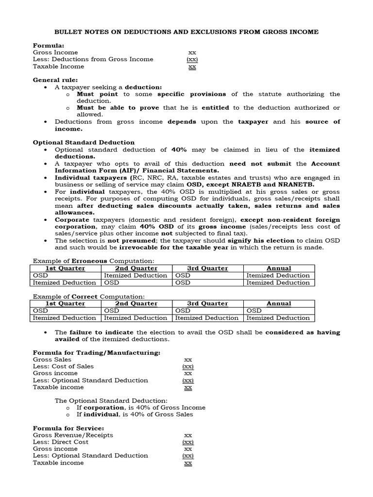 Bullet Notes 5 - Deductions and Exclusions From Gross Income | PDF