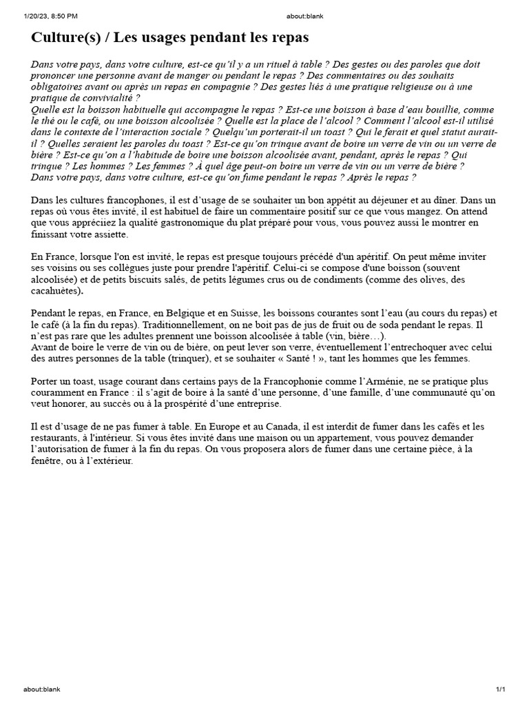 Culture Les Usages Pendant Les Repas | PDF