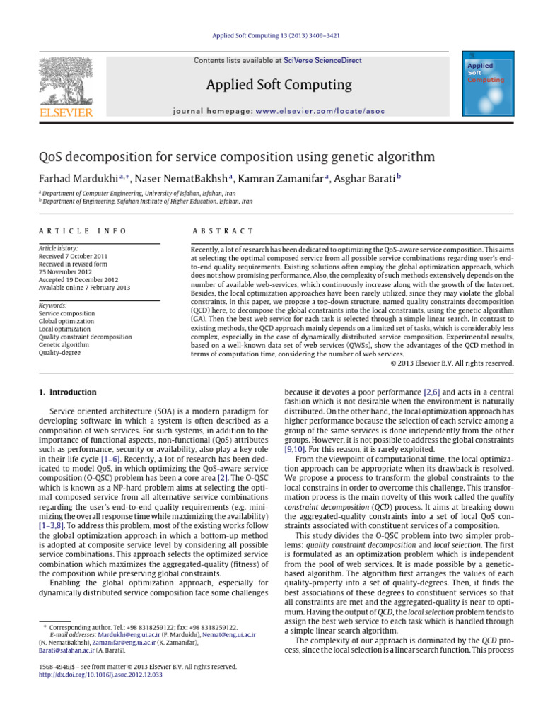 QoS Decomposition For Service Composition Using Genetic Algorithm | PDF | Mathematical ...