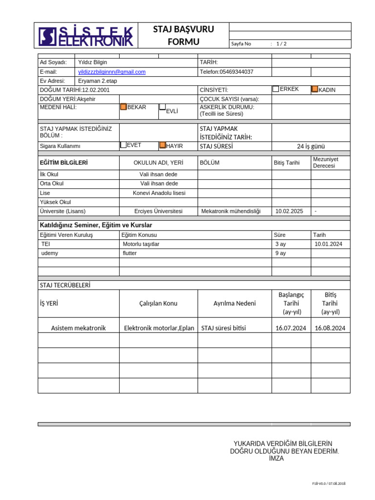 F18 StajBaşvuruFormu | PDF