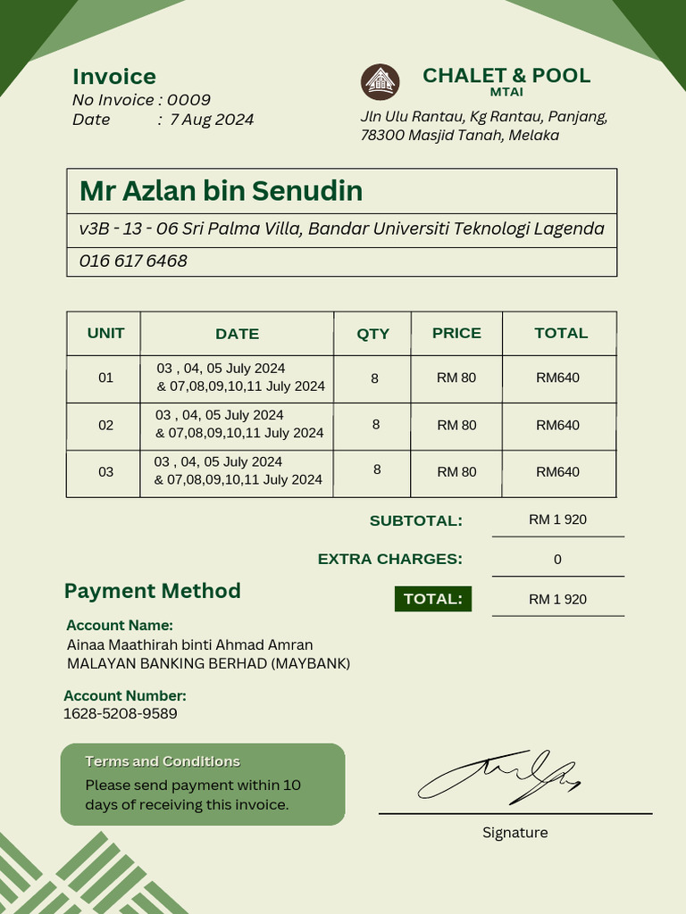 Invoice Chalet & Pool Mtai (0009) | PDF