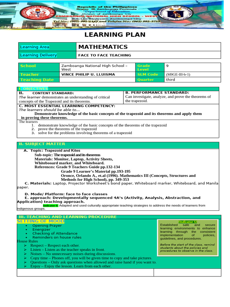 QUARTER-3-LESSON-PLAN-Trapezoid and Its Theorems | PDF | Triangle ...