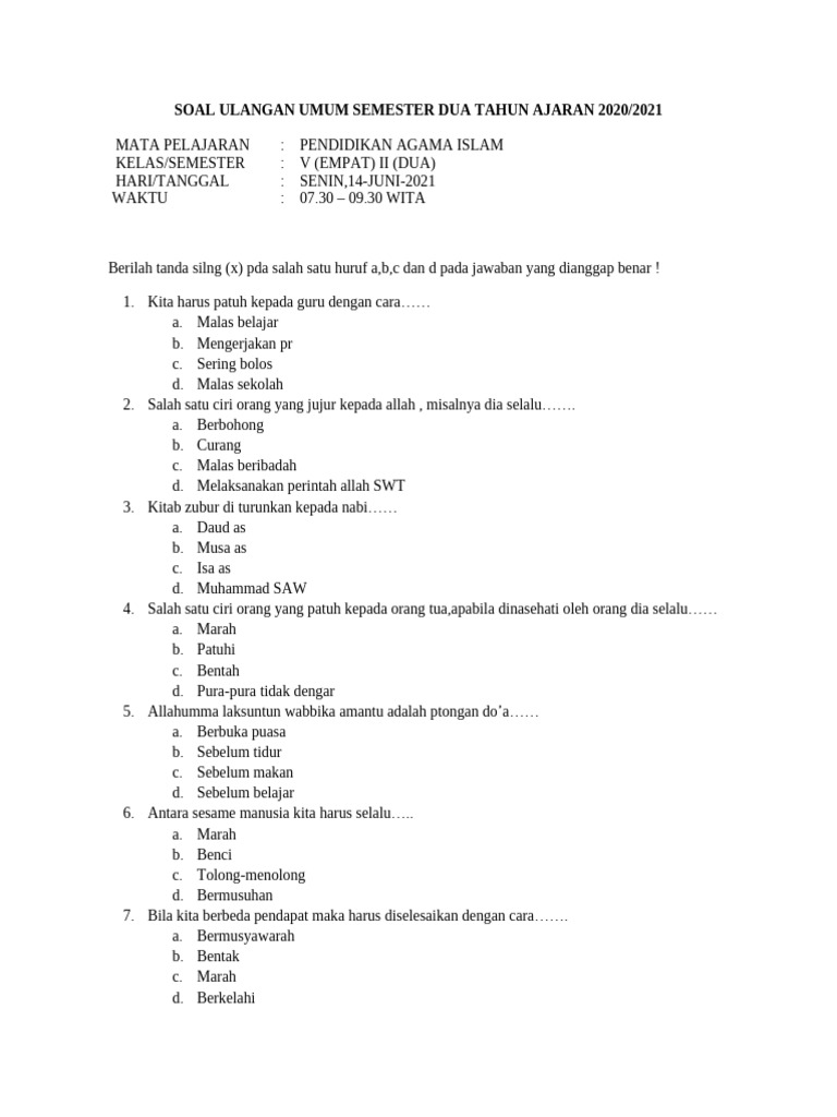 Soal Ulangan Umum Semester Dua Kelas 5 Tahun Ajaran 2020 | PDF