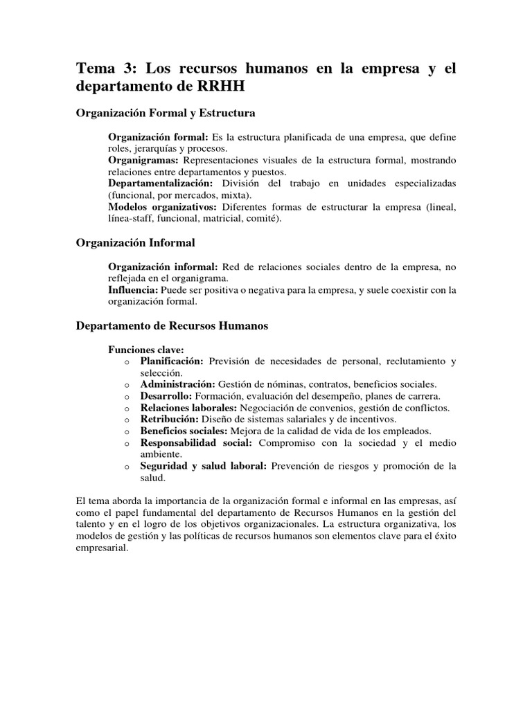 Recursos Humanos Notas Tema 3 Recursos Humanos en la empresa y departamento RRHH | PDF