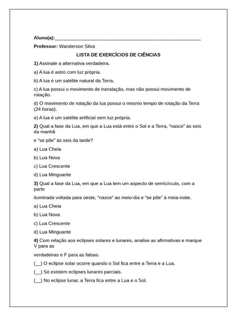 Exercícios sobre Fases e Eclipses da Lua | PDF | Lua | Juvenil