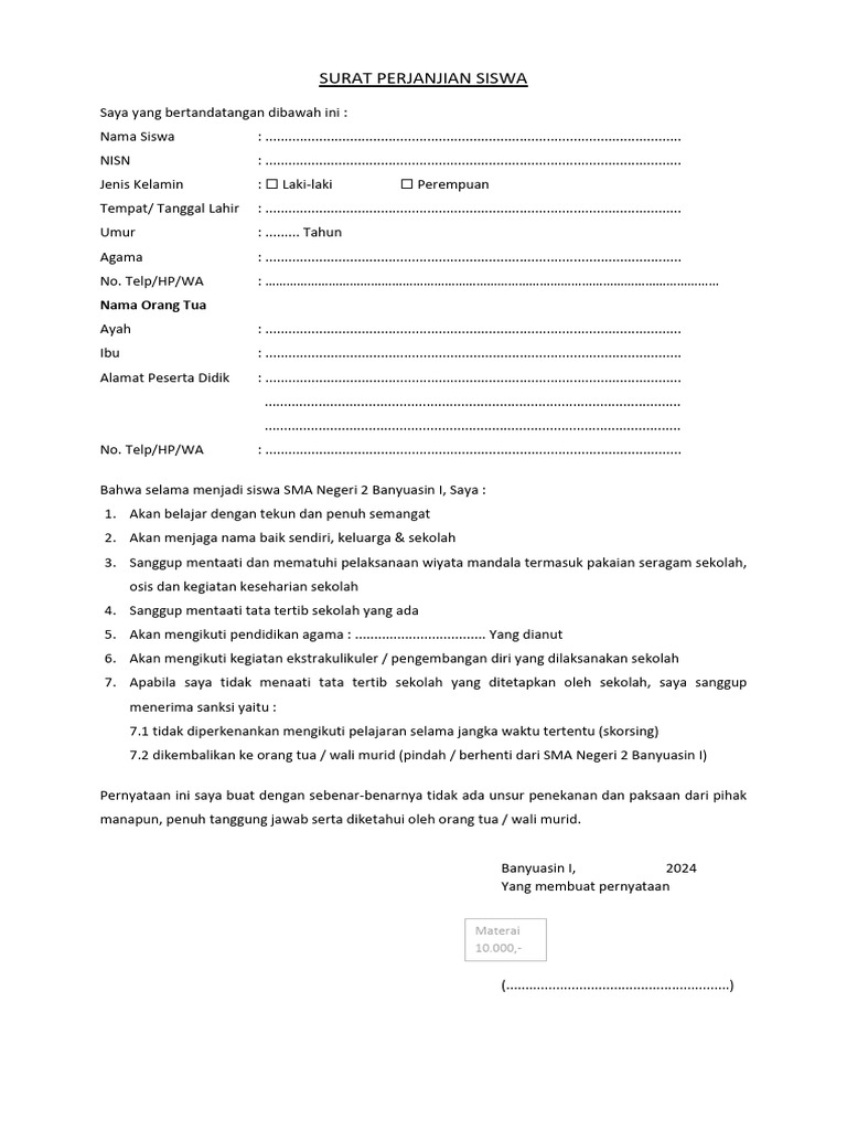Surat Perjanjian Siswa Baru 2024 | PDF