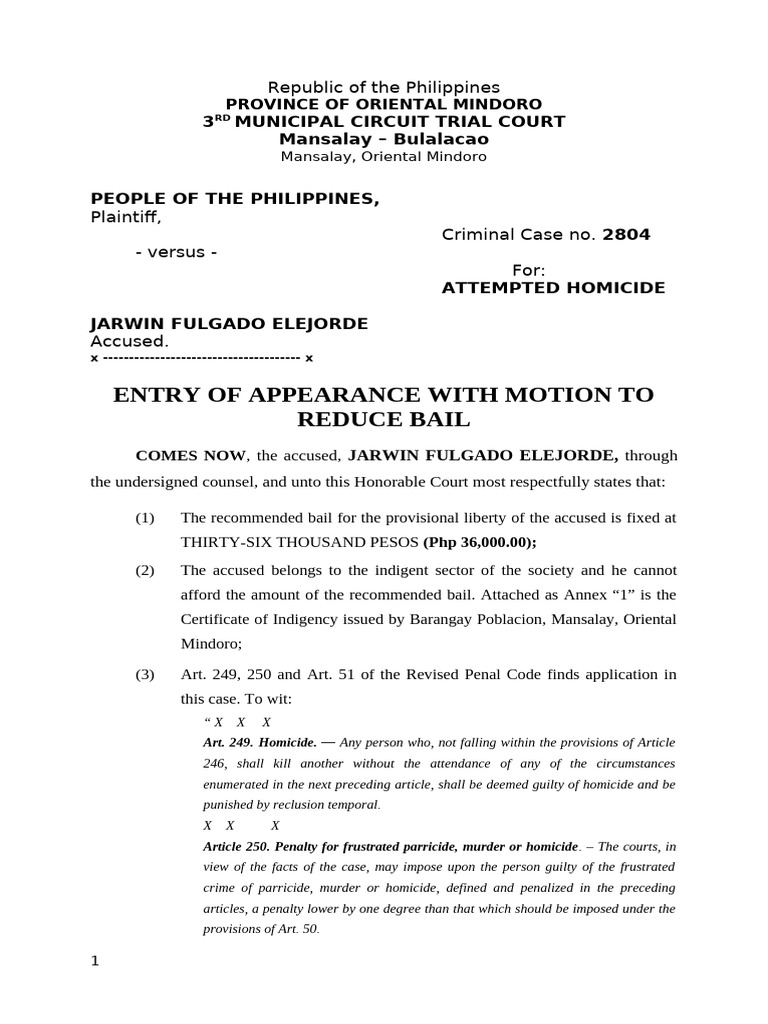 Motion To Reduce Bail - Elejorde | PDF