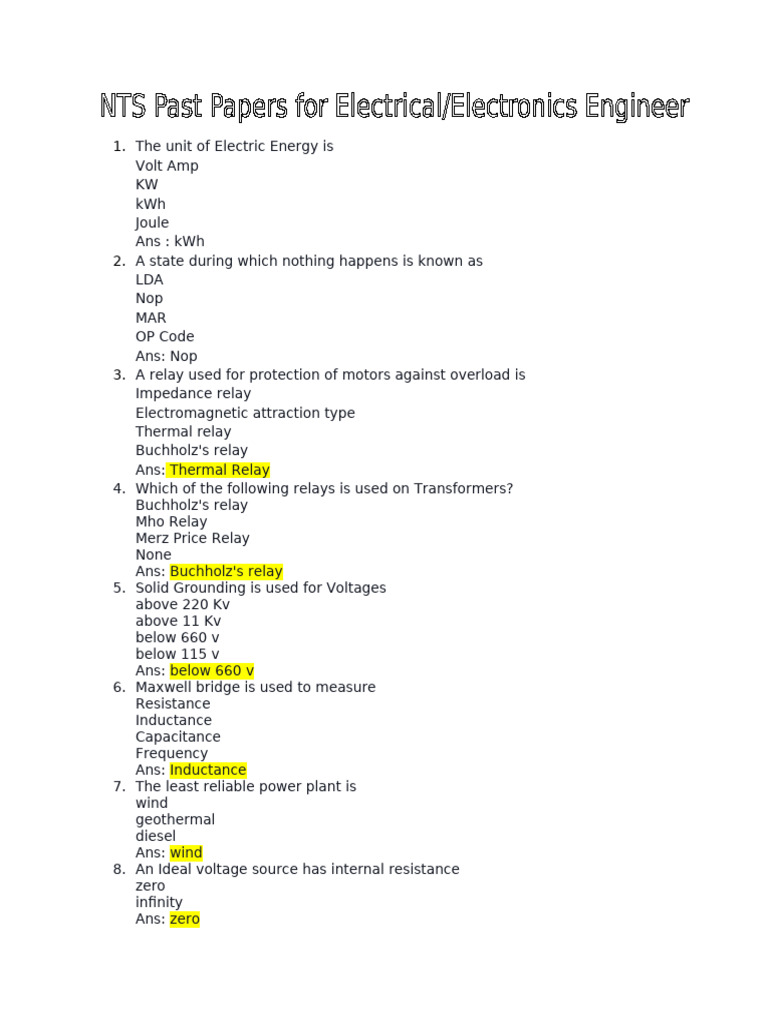 NTS Past Elecrical MCQ - S | PDF