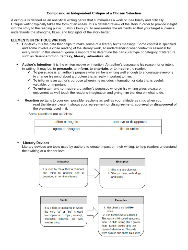 Composing An Independent Critique of A Chosen Selection | PDF