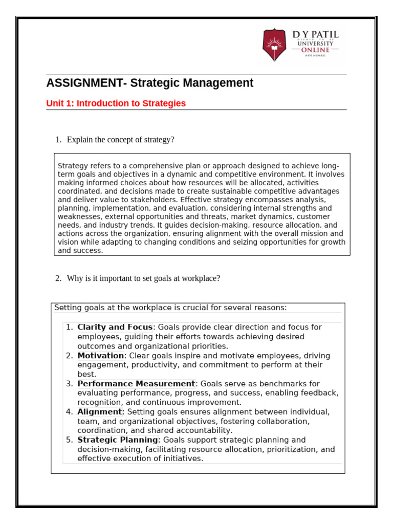Strategic Management Unit 1 Assignment | PDF