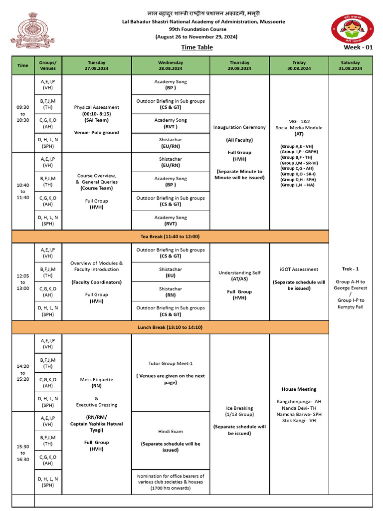 99th Foundation Course Timetable 2024 | PDF