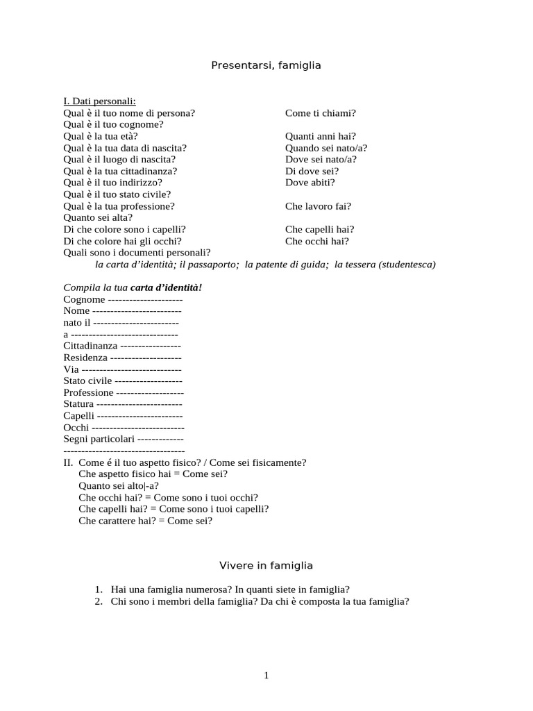 Presentarsi, Famiglia | PDF