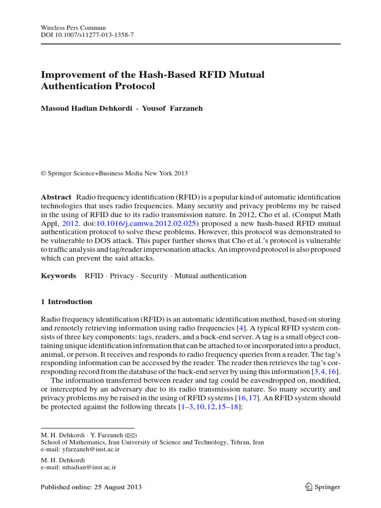 Improvement of The Hash-Based RFID Mutual2013 | PDF