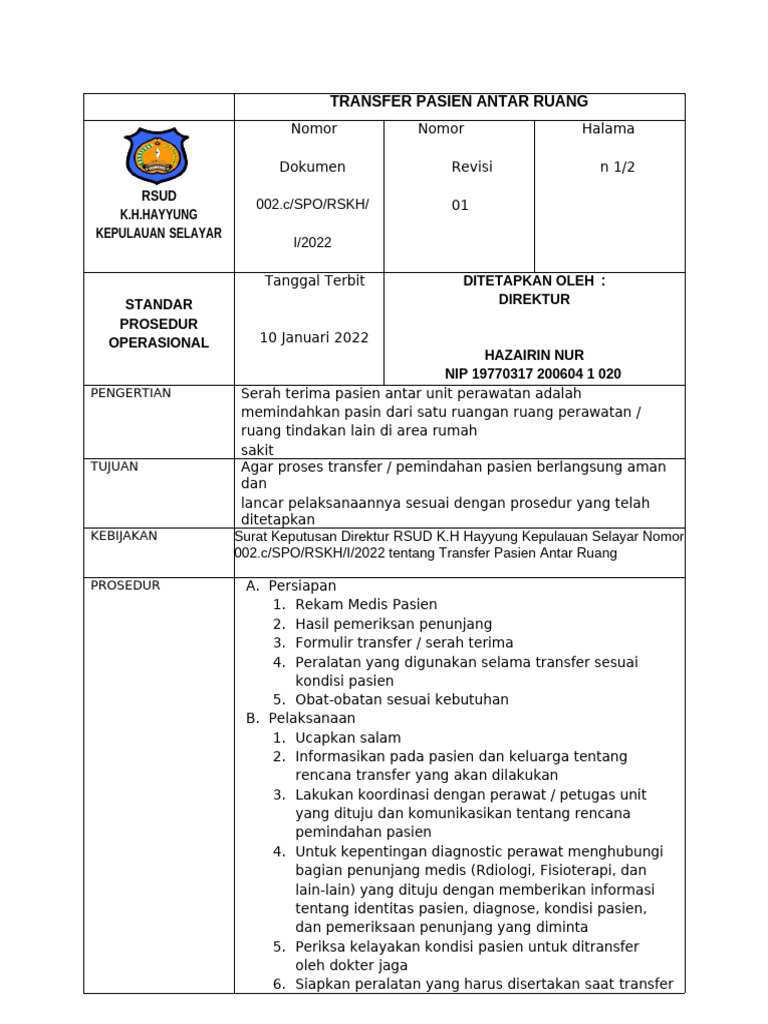 Spo Trasfer Pasien | PDF