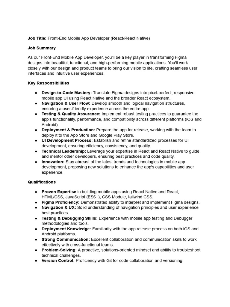 One7Sports - JD - Front-End Mobile App Developer | PDF