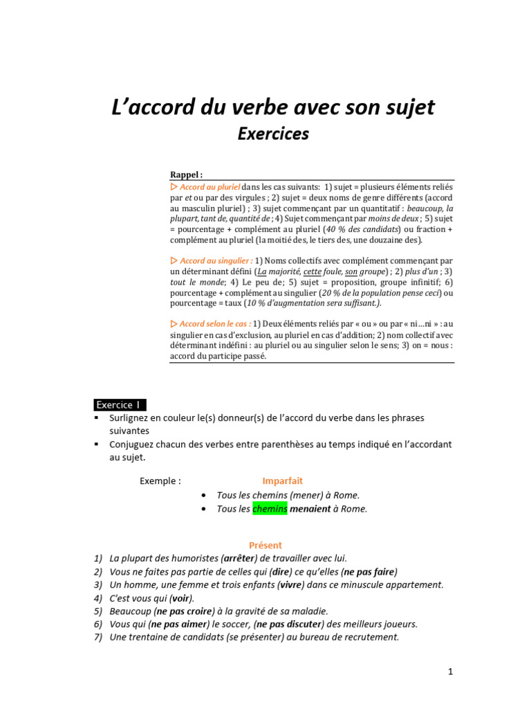 Accord Du Verbe - Exercices | PDF