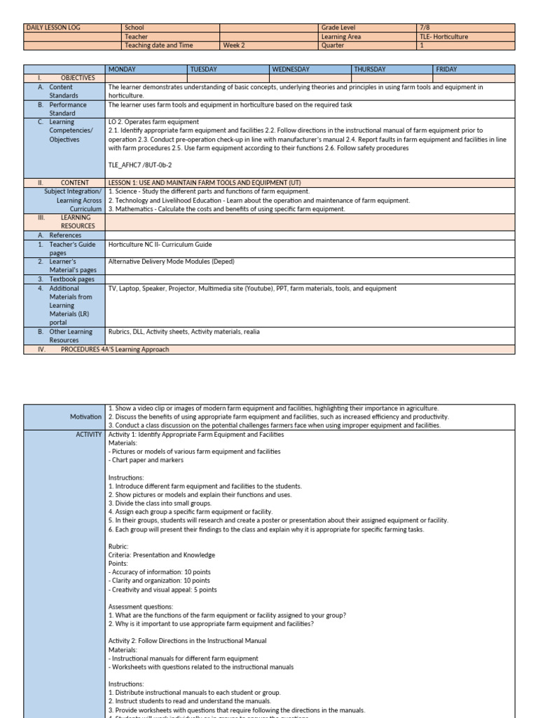 Horticulture Lesson Plan: Farm Equipment | PDF | Learning | Business