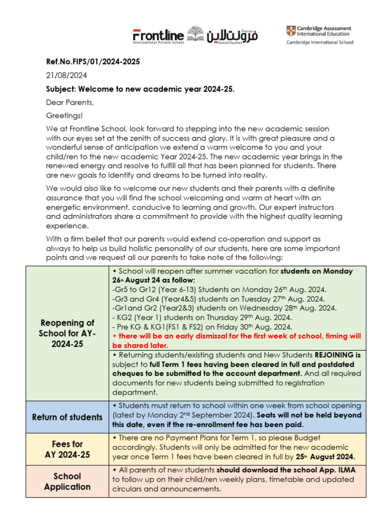 Ref - No.FIPS/01/2024-2025 Subject: Welcome To New Academic Year 2024 ...