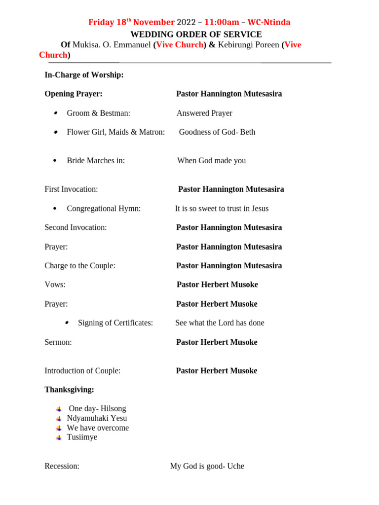 Mukisa Emmanuel Oruyah & Kebirungi Poreen - Friday 18th November 2022 WC-Ntinda11am | PDF